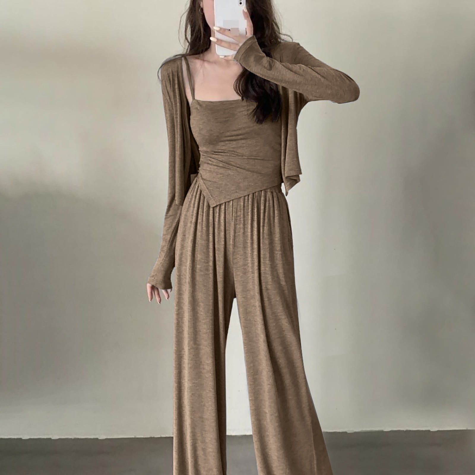 Ladies 2024 Lazy Wind Sunscreen Cardigan Top Sling Wide Leg Pants Skirt ...