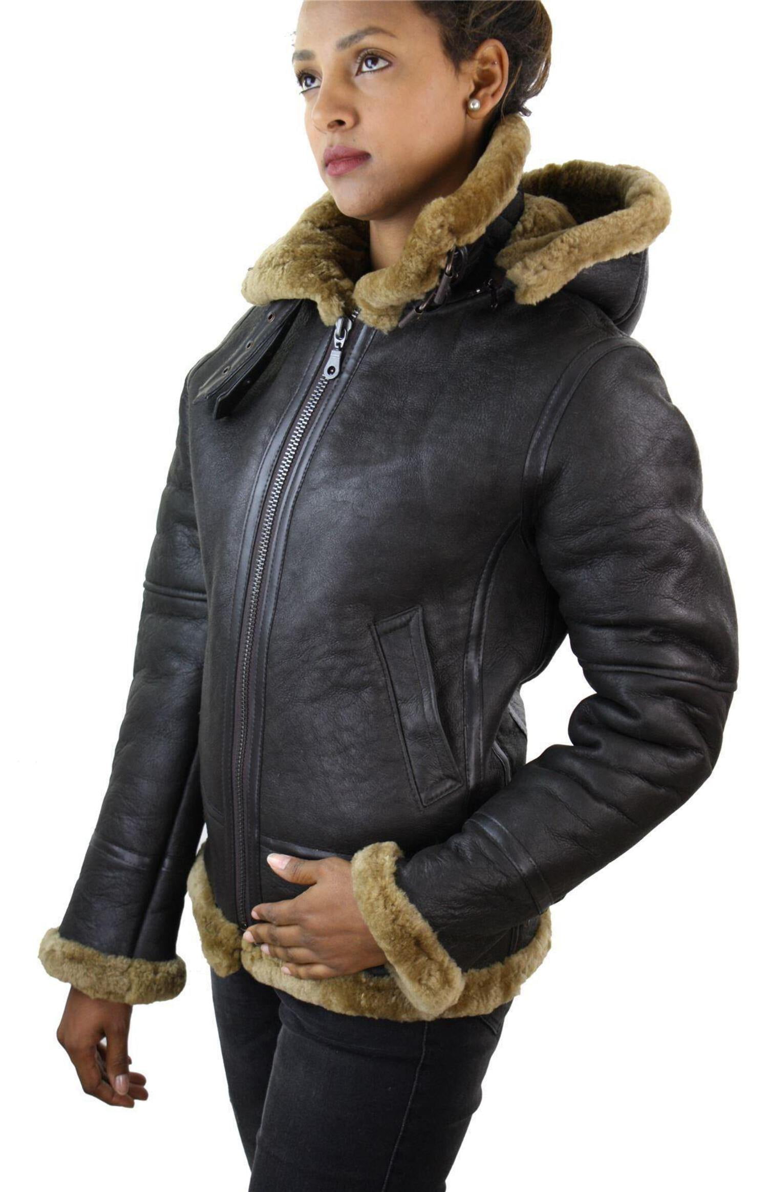 Ladies Aviator New Ginger Women's Hooded Real Shearling Sheepskin ...