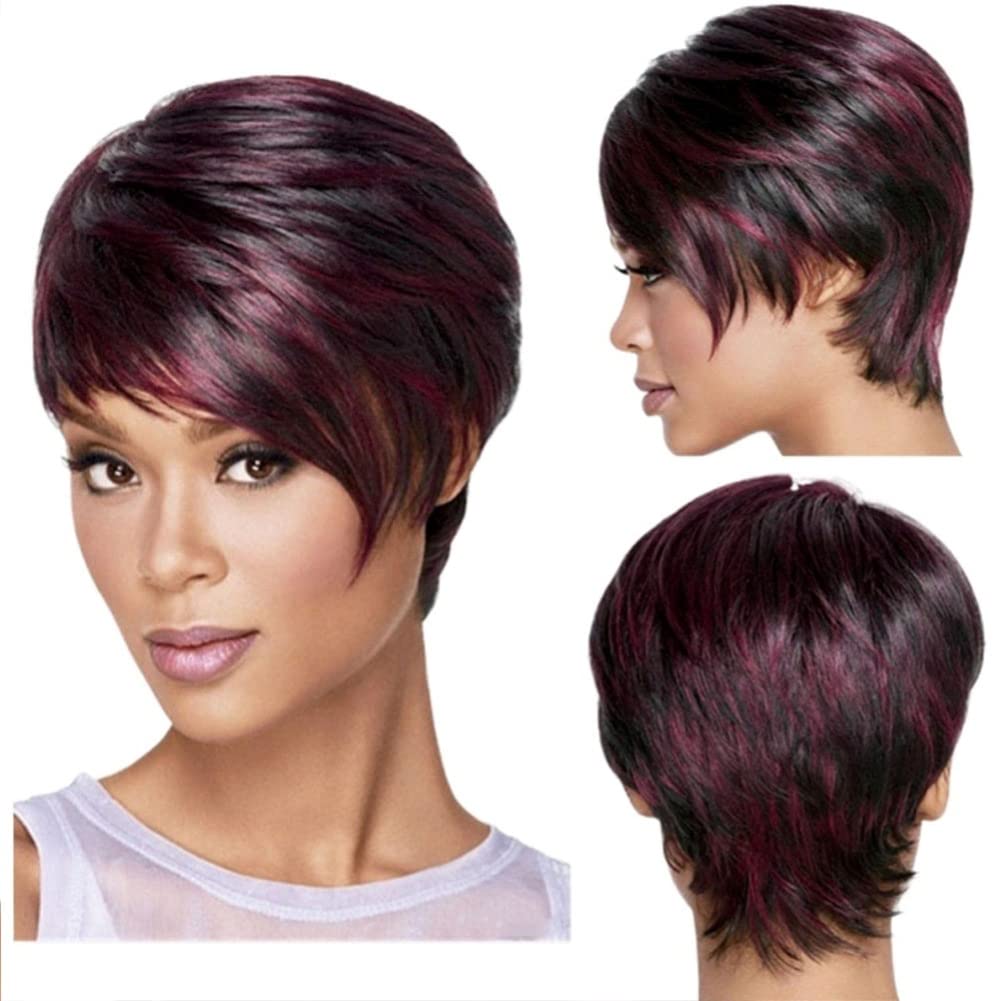Ladies Black Mixed Red Short Fluffy Nature Side Part Wigs Layered Short ...