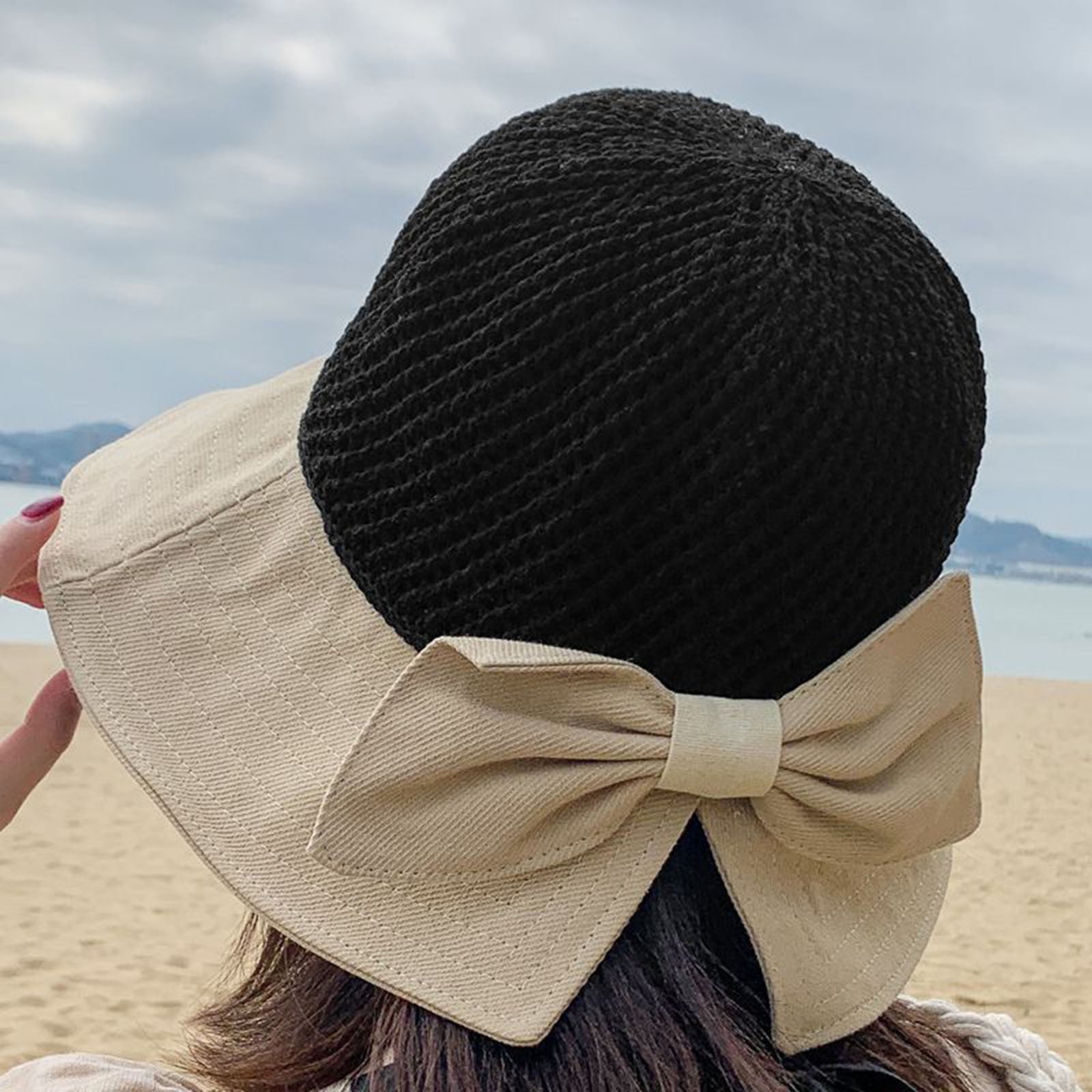 Ladies Bowknot Fashion Knitting Stitching Hollow Breathable Sun Hat ...