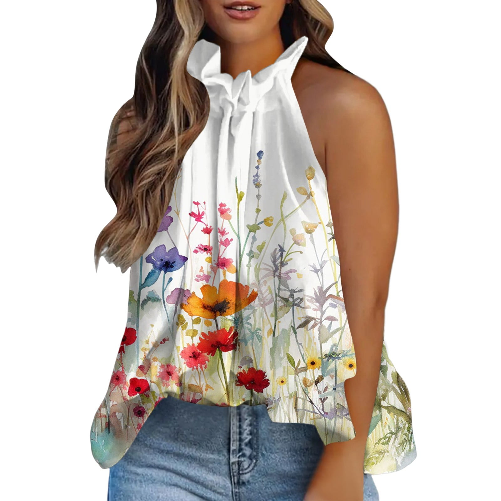 Ladies Camisoles Graphic Printed Sleeveless Loose Pleated Ruffle Trim ...