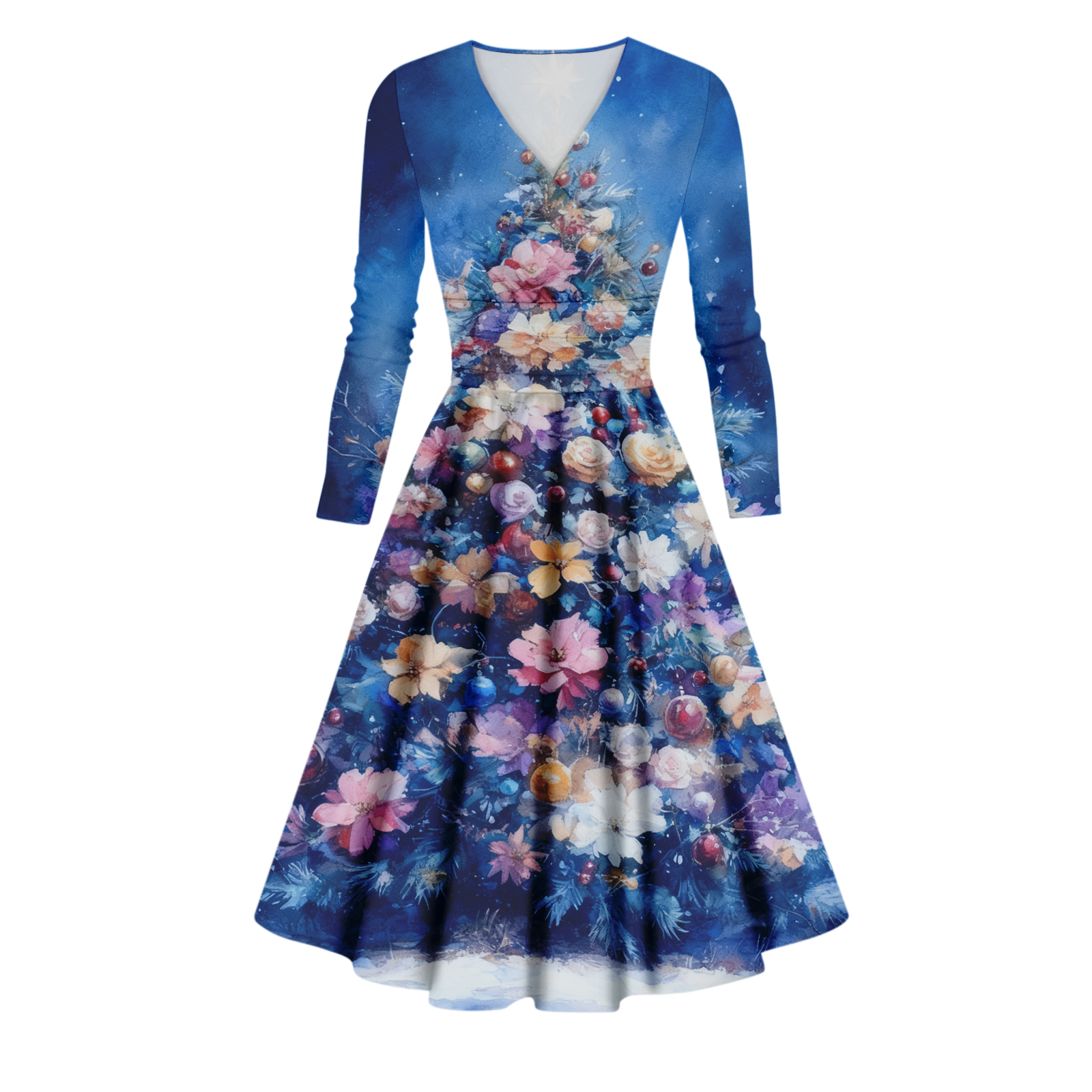 Ladies' Casual And Fashionable Christmas Tree Print Long Sleeved V-Neck ...