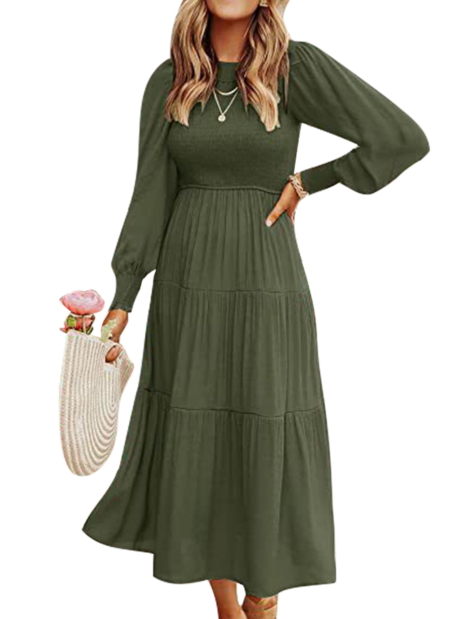 Paille Ladies Casual Maxi Dress, Long Sleeve, Round Neck, A Line Swing ...