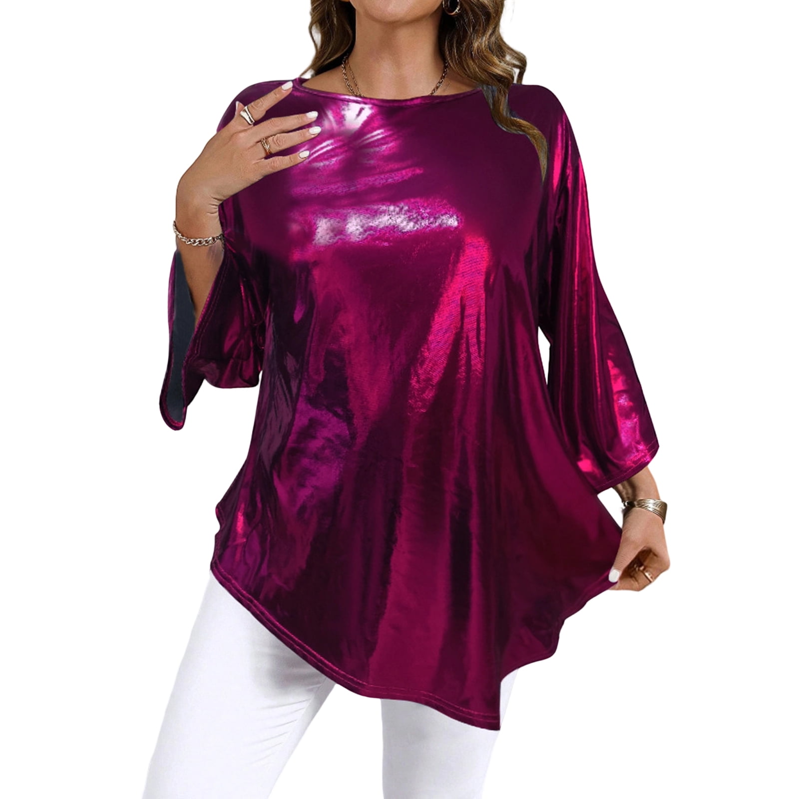 Ladies' Casual Solid Color Top - Purple Asymmetrical Hem, Three-Quarter ...