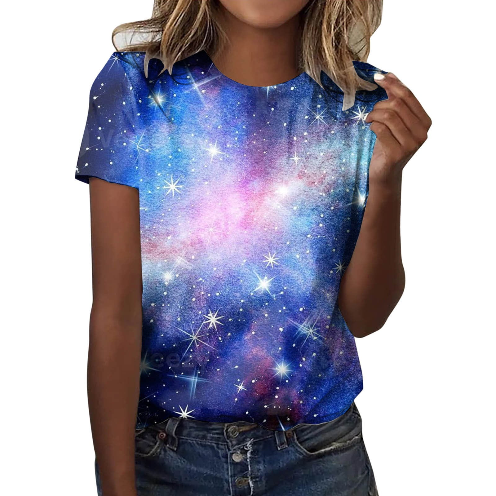 Ladies Casual Tops Galaxy Starry Sky Pattern Crew Neck T Shirt Loose ...