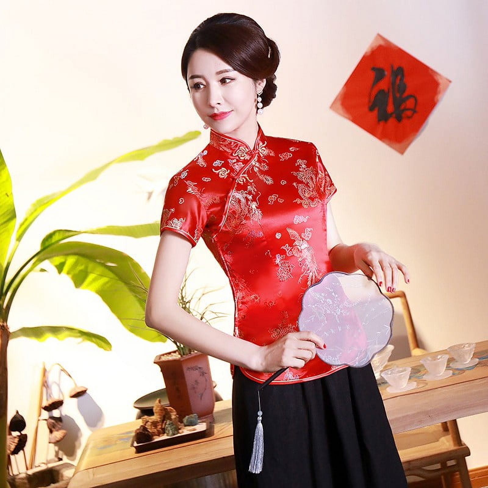 Ladies Chinese Tops Dragon Phoenix Traditional Tang Style Blouse Satin ...