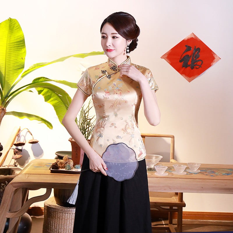 Ladies Chinese Tops Dragon Phoenix Traditional Tang Style Blouse Satin ...