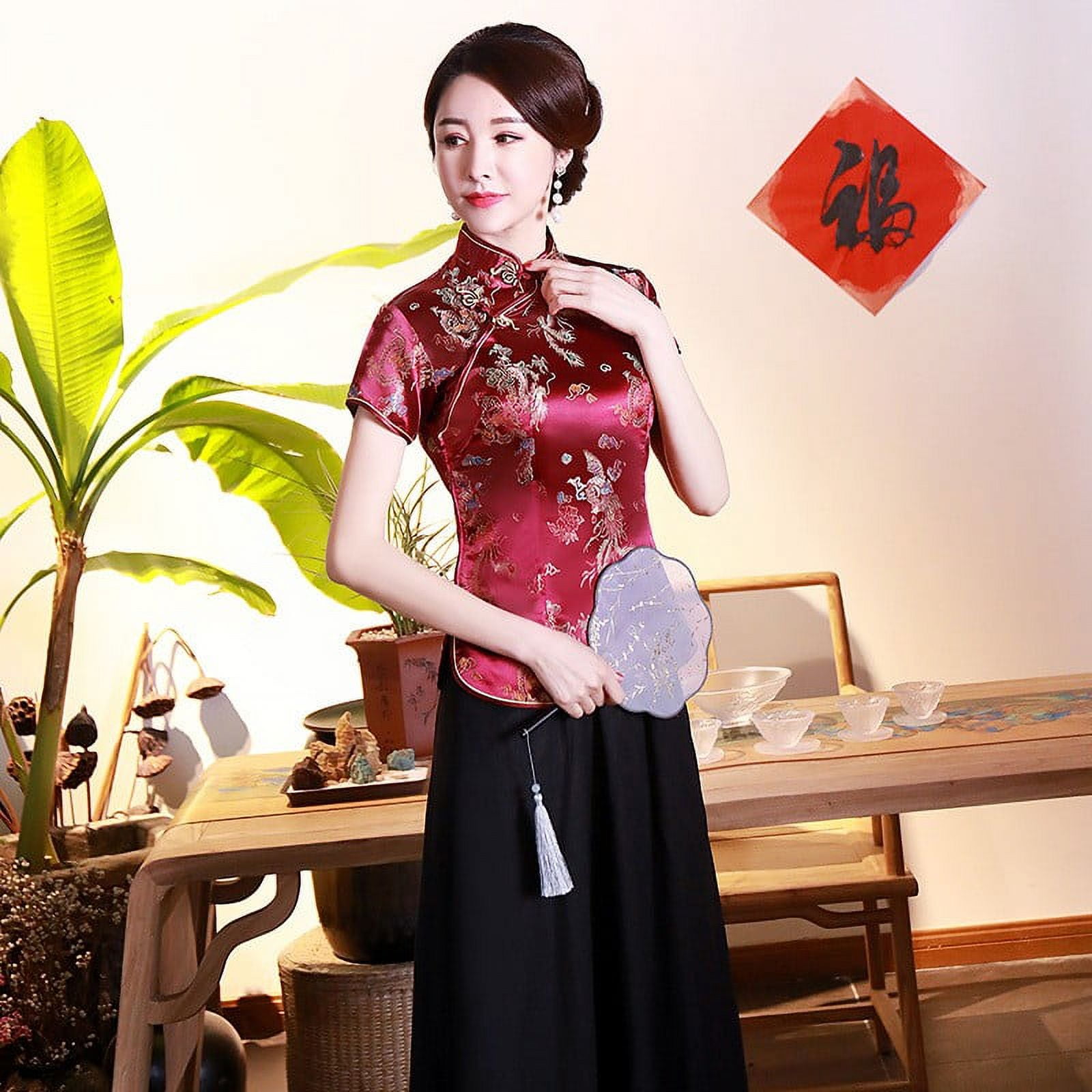Ladies Chinese Tops Dragon Phoenix Traditional Tang Style Blouse Satin ...