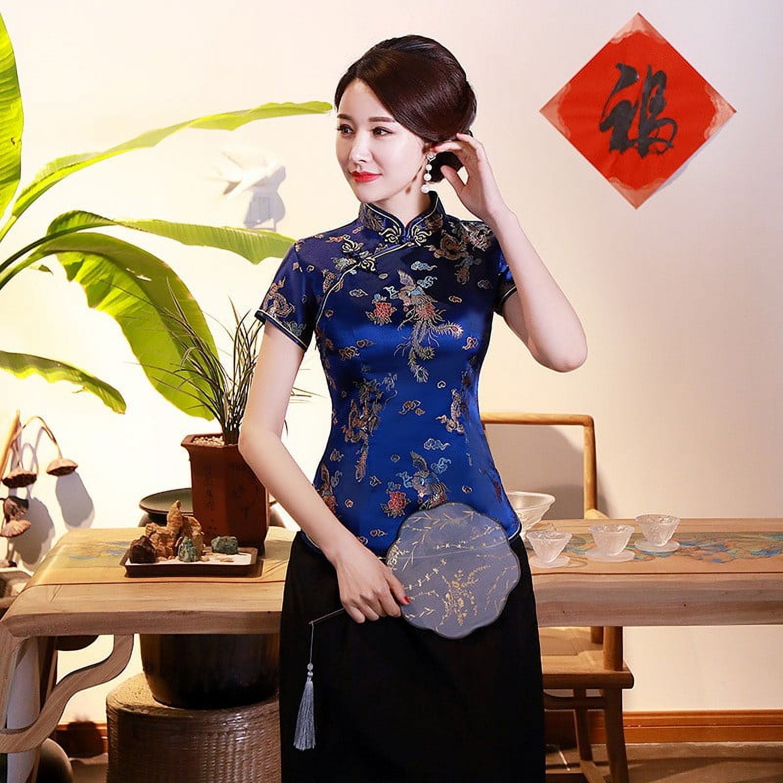 Ladies Chinese Tops Dragon Phoenix Traditional Tang Style Blouse Satin ...