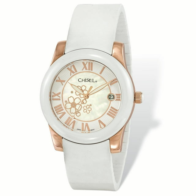 Ladies Chisel Rose IP-plated Floral Dial White Strap Watch - Walmart.com