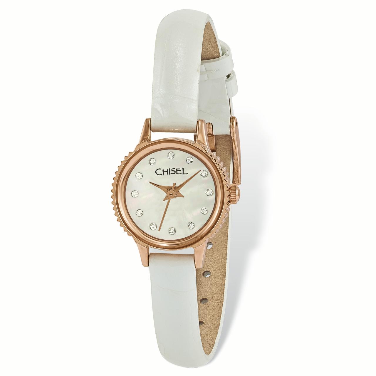 Ladies Chisel Rose IP-pltd Stainless Steel Wht Lthr Strap Watch ...