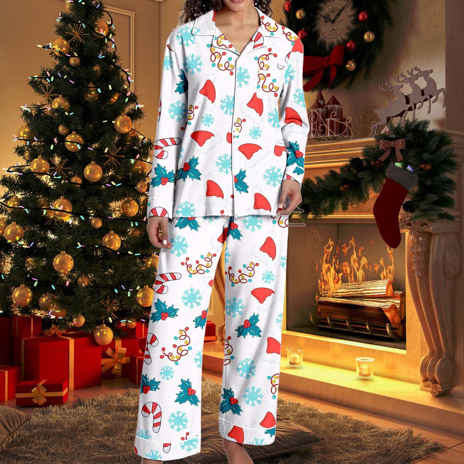 Ladies Christmas Pajamas Women Silk Pajamas Set Button Down Long Sleeve ...