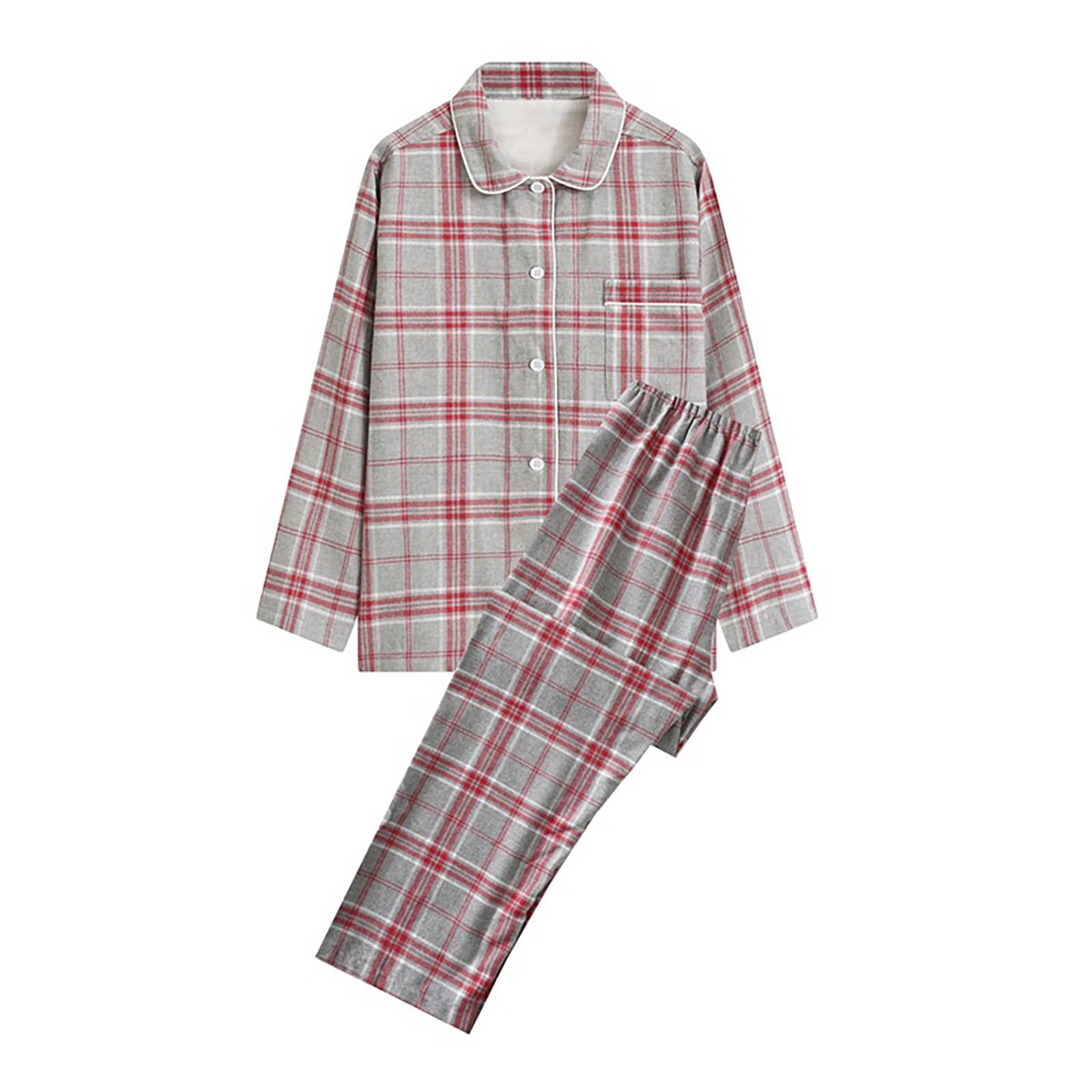 Ladies Cotton Plaid Pajamas 2 Piece Sets Long Sleeve Buttons V Neck ...