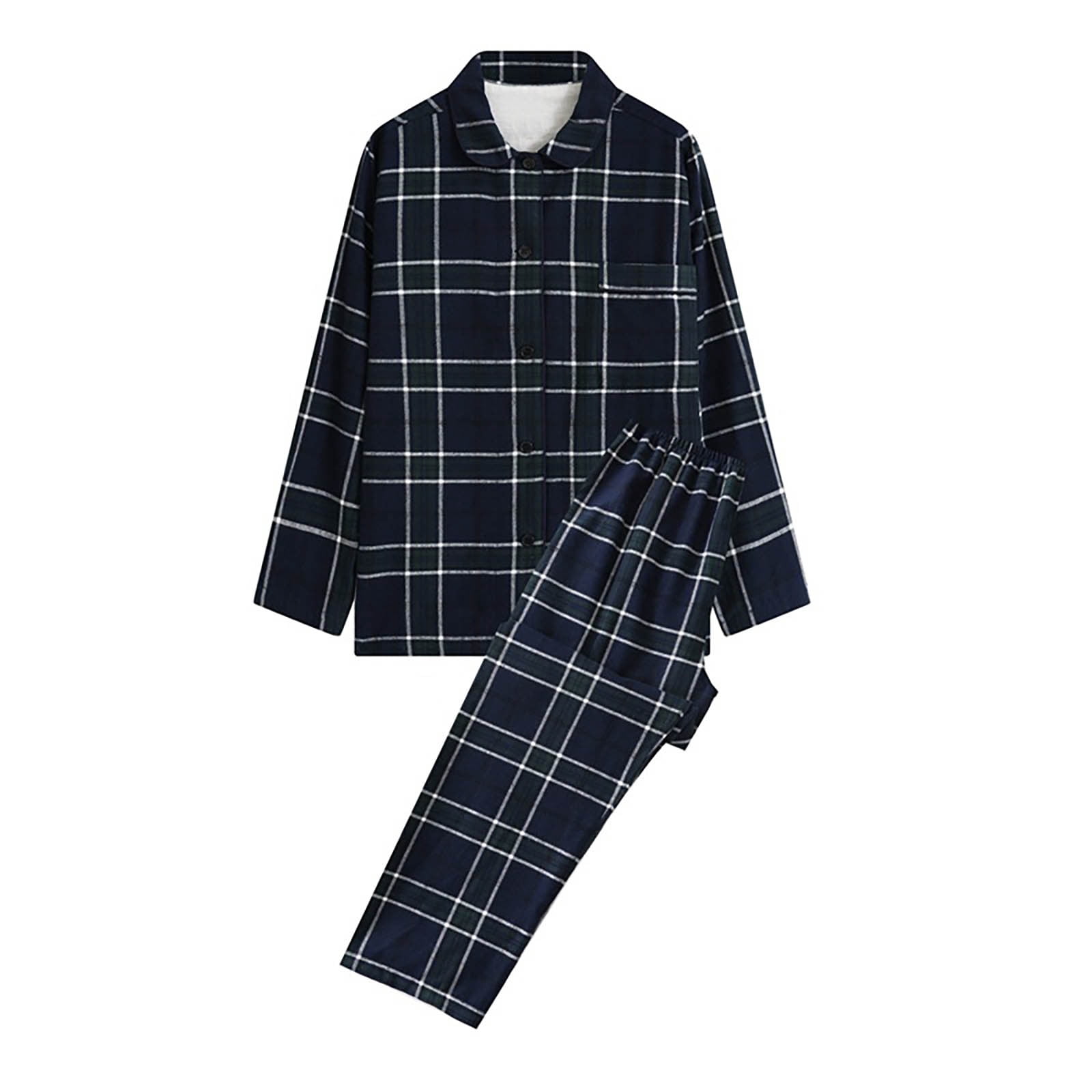 Ladies Cotton Plaid Pajamas 2 Piece Sets Long Sleeve Buttons V Neck ...