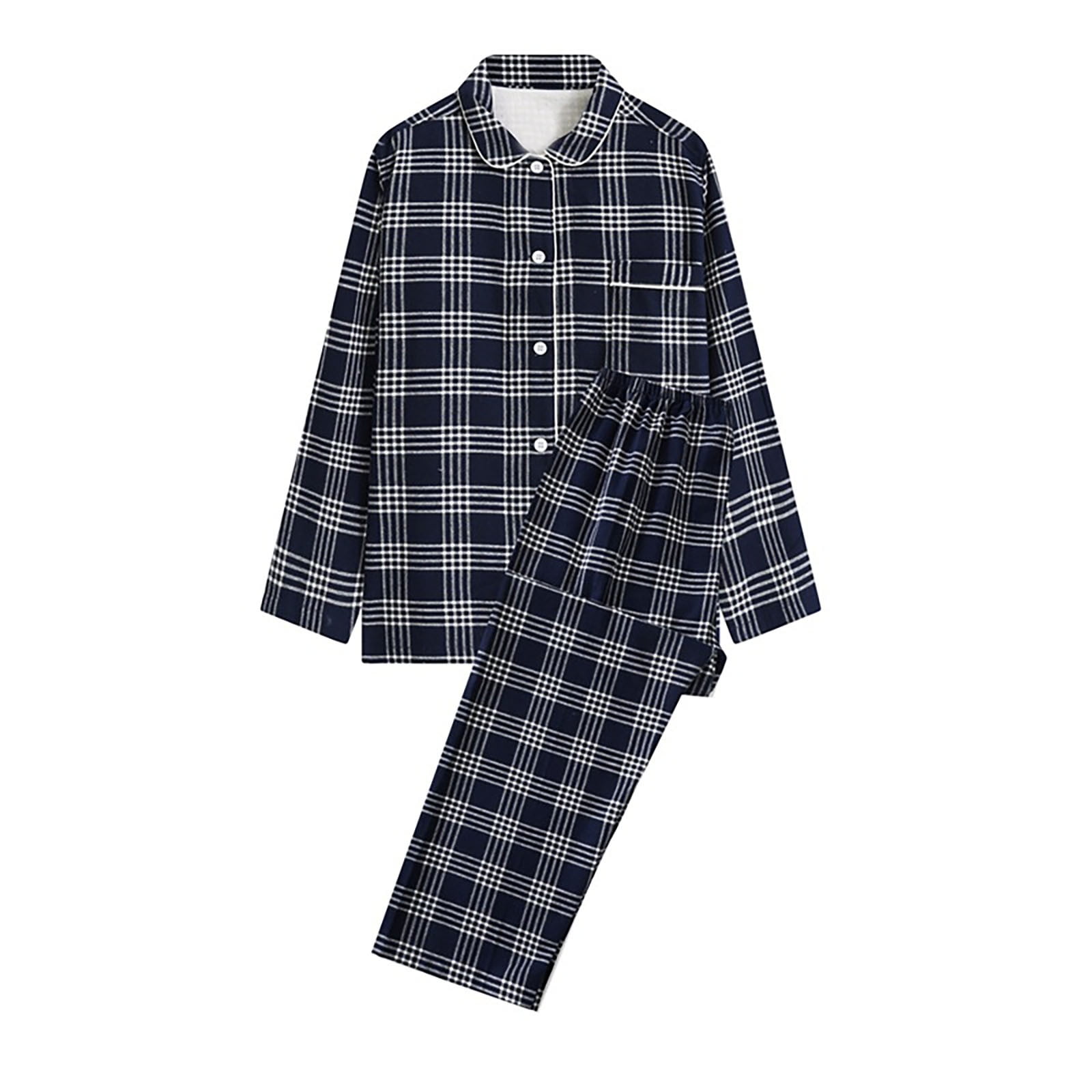 Ladies Cotton Plaid Pajamas 2 Piece Sets Long Sleeve Buttons V Neck ...