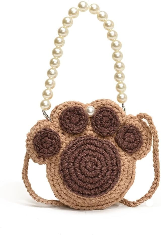 Ladies Crochet Cat's Paw Shape Crossbody Bag with Pearl Chain Cute ...