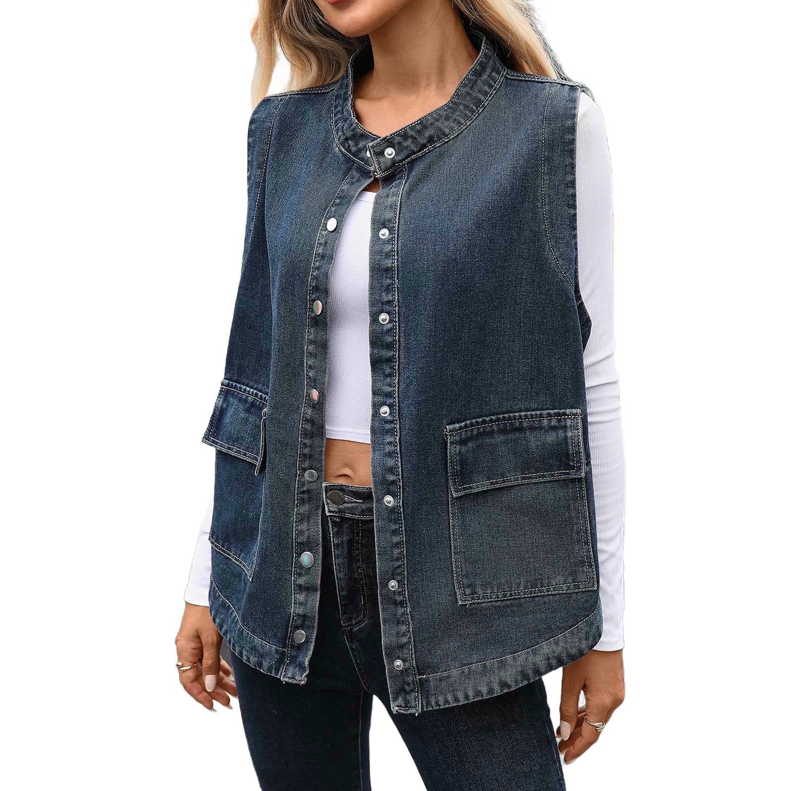 Ladies Denim Jackets Sleeveless Vest Trendy Button Down Jean Jacket ...