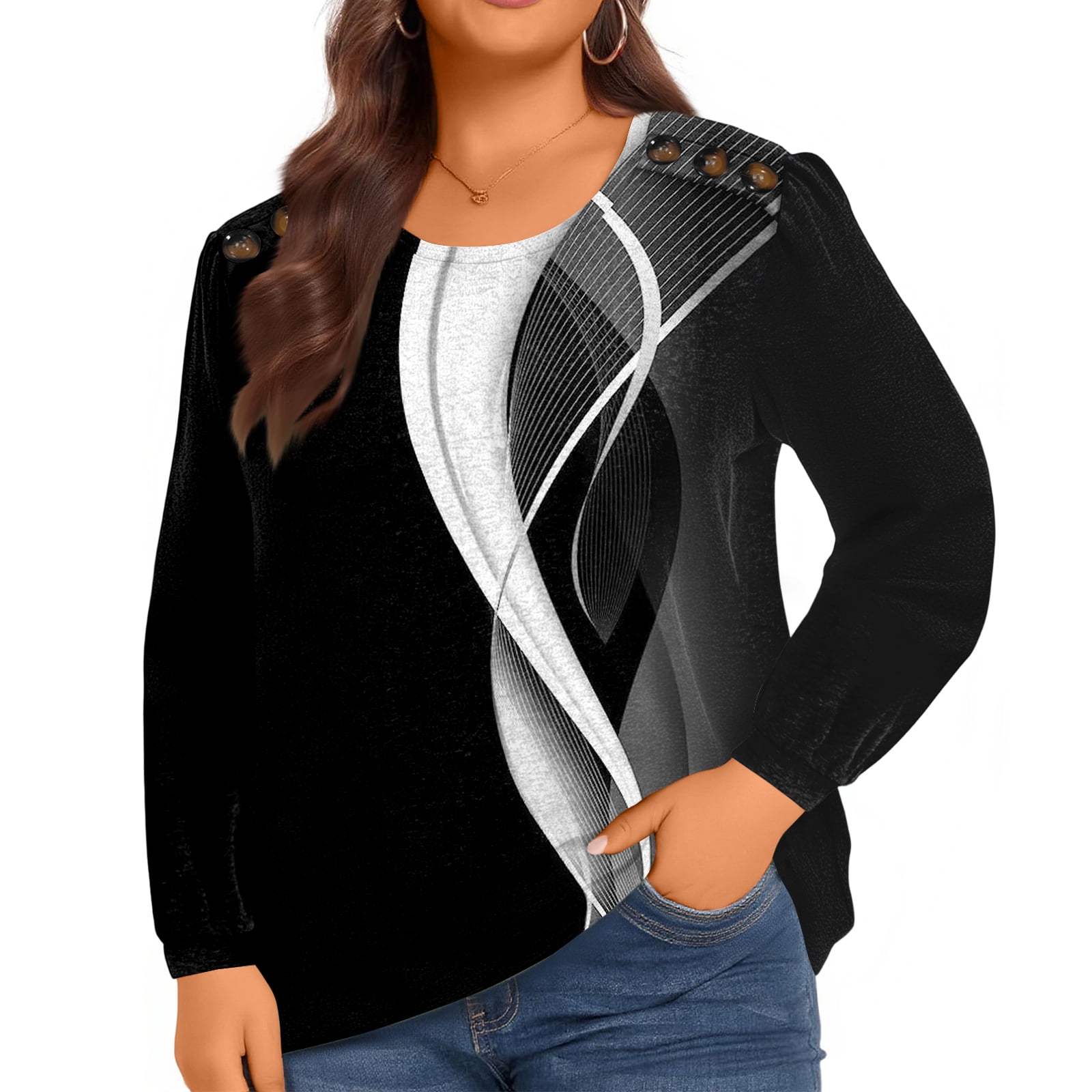 Ladies Elegant Button Up Plus Size Women's Long Sleeve Top for Casual ...