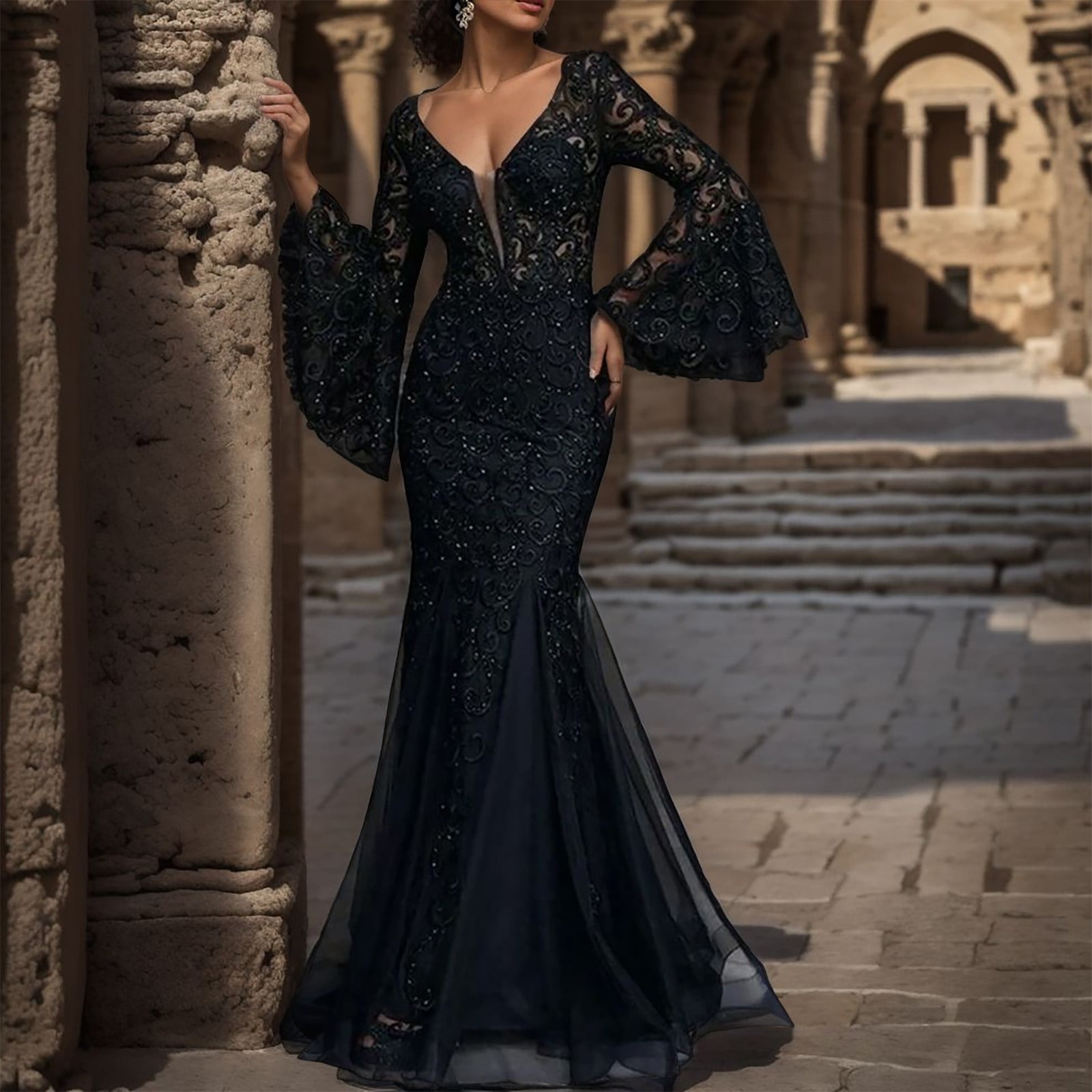 Ladies Elegant Sexy Slim Fit Fishtail Long Banquet Dress Lace Evening ...