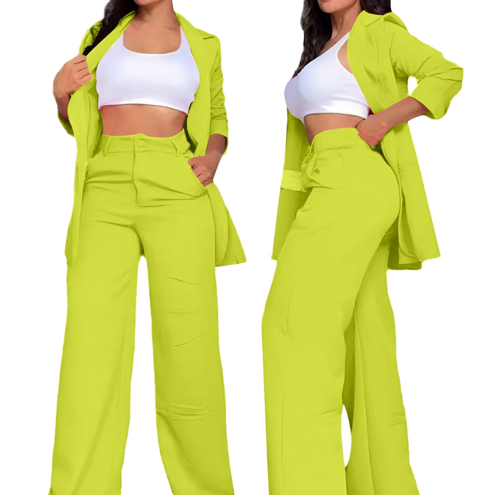 Ladies Elegant Solid Color Open Sleeve Lapel Suit Straight Leg Trouser ...