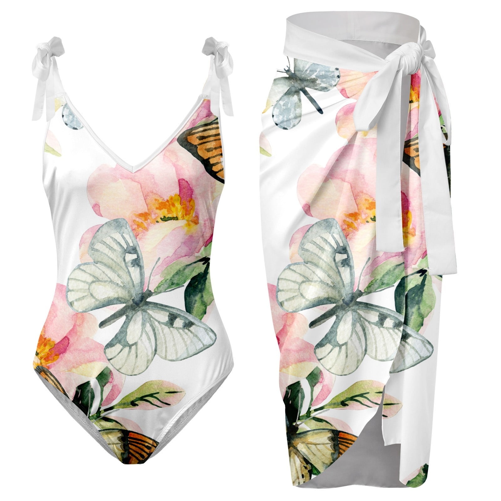 Ladies Fashion Swimwear Deep V Neck Stylish Flower Printed Sets Slim