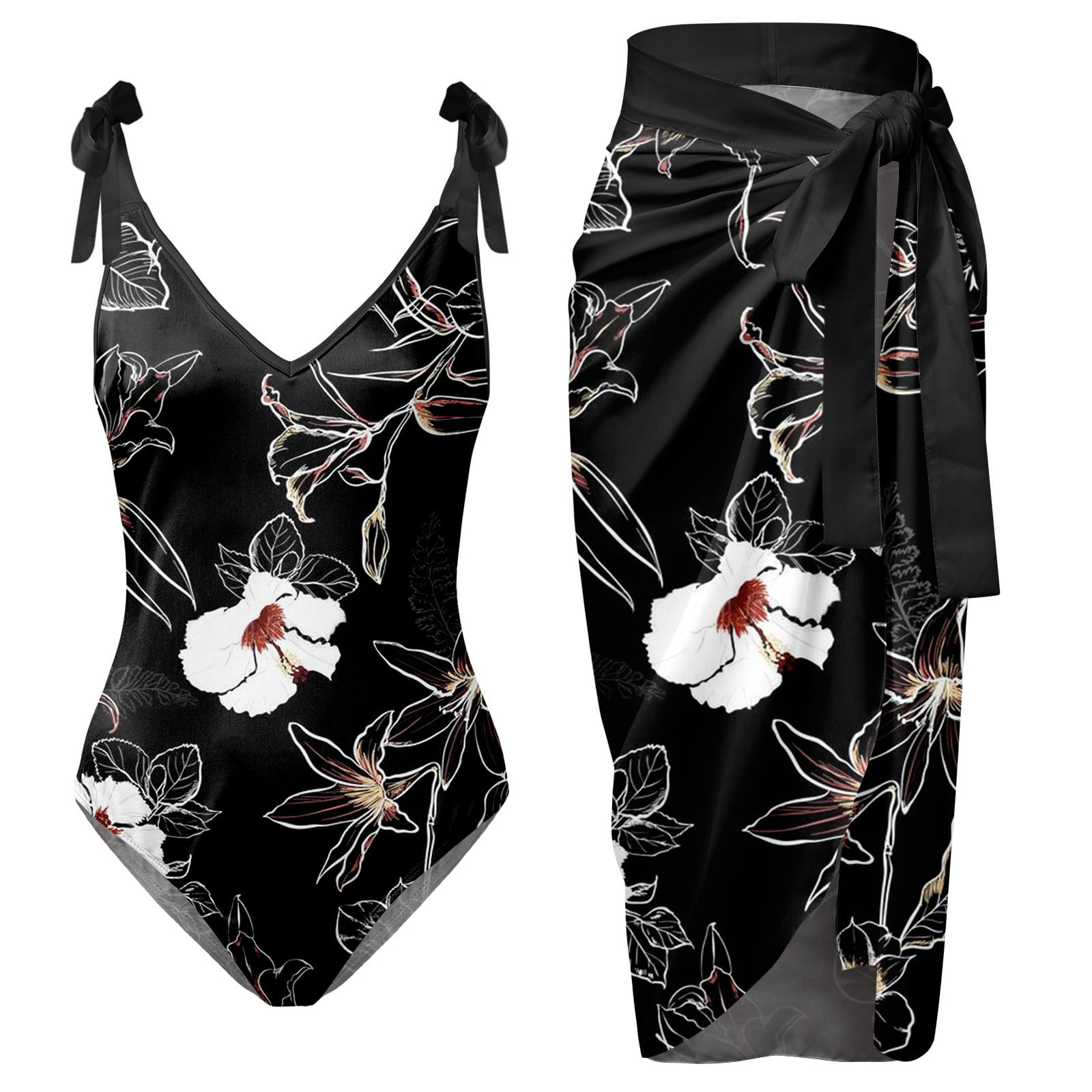 Ladies Fashion Swimwear Stylish V Neck Flower Printed Skirt Sets Slim