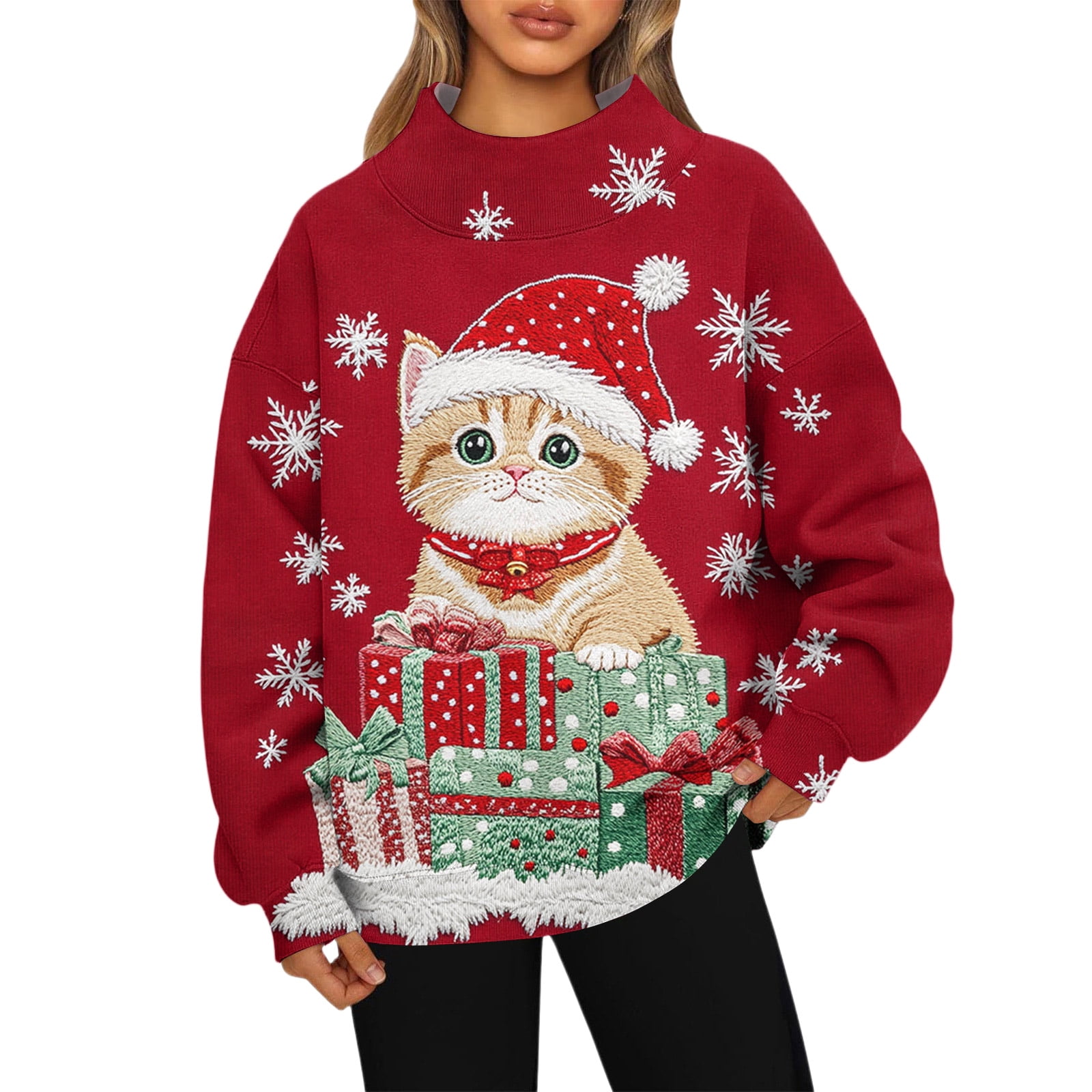 Ladies' Fashionable Christmas Printed Long Sleeved High Neck Sweatshirt ...