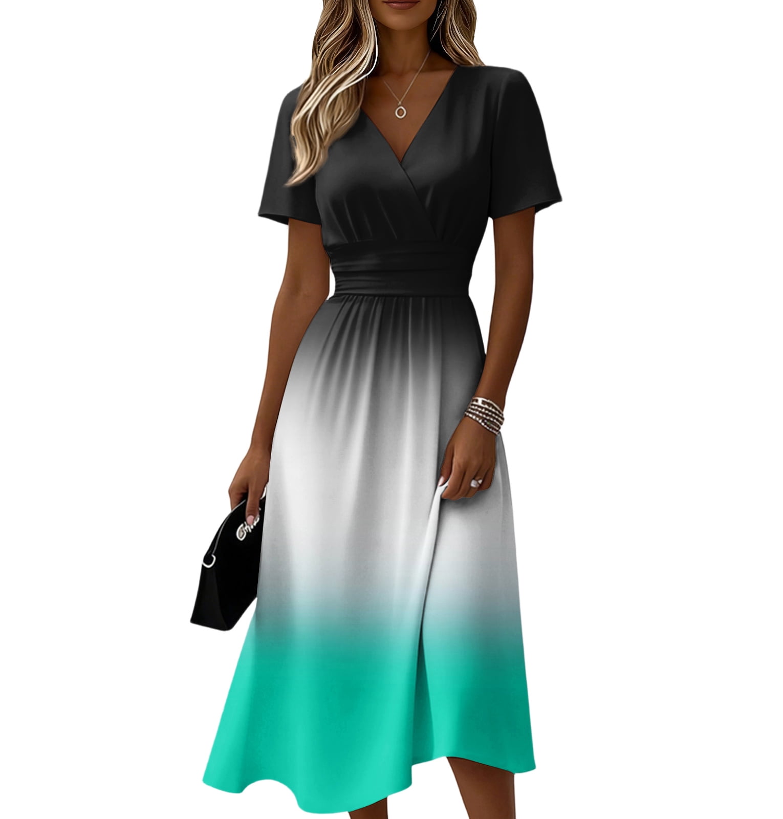 Ladies' Gradient Casual Fashion Short Sleeved V-neck Dress Green F M ...