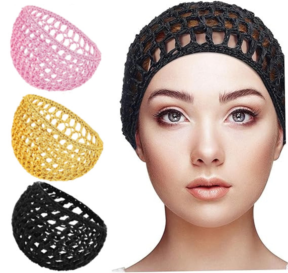Ladies Hand-Crocheted Net 3 Pcs,Hair Snood Mesh Sleep Hat,Headbands for ...