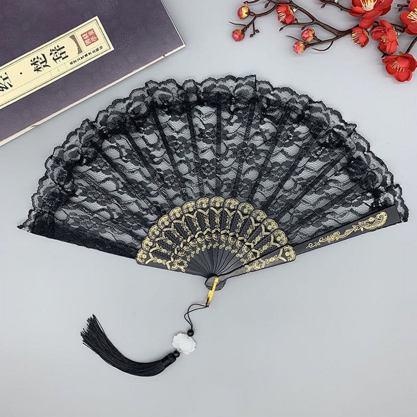 Ladies Lace Hand Fan Black White Cloth Folding Fans Spanish Victorian ...