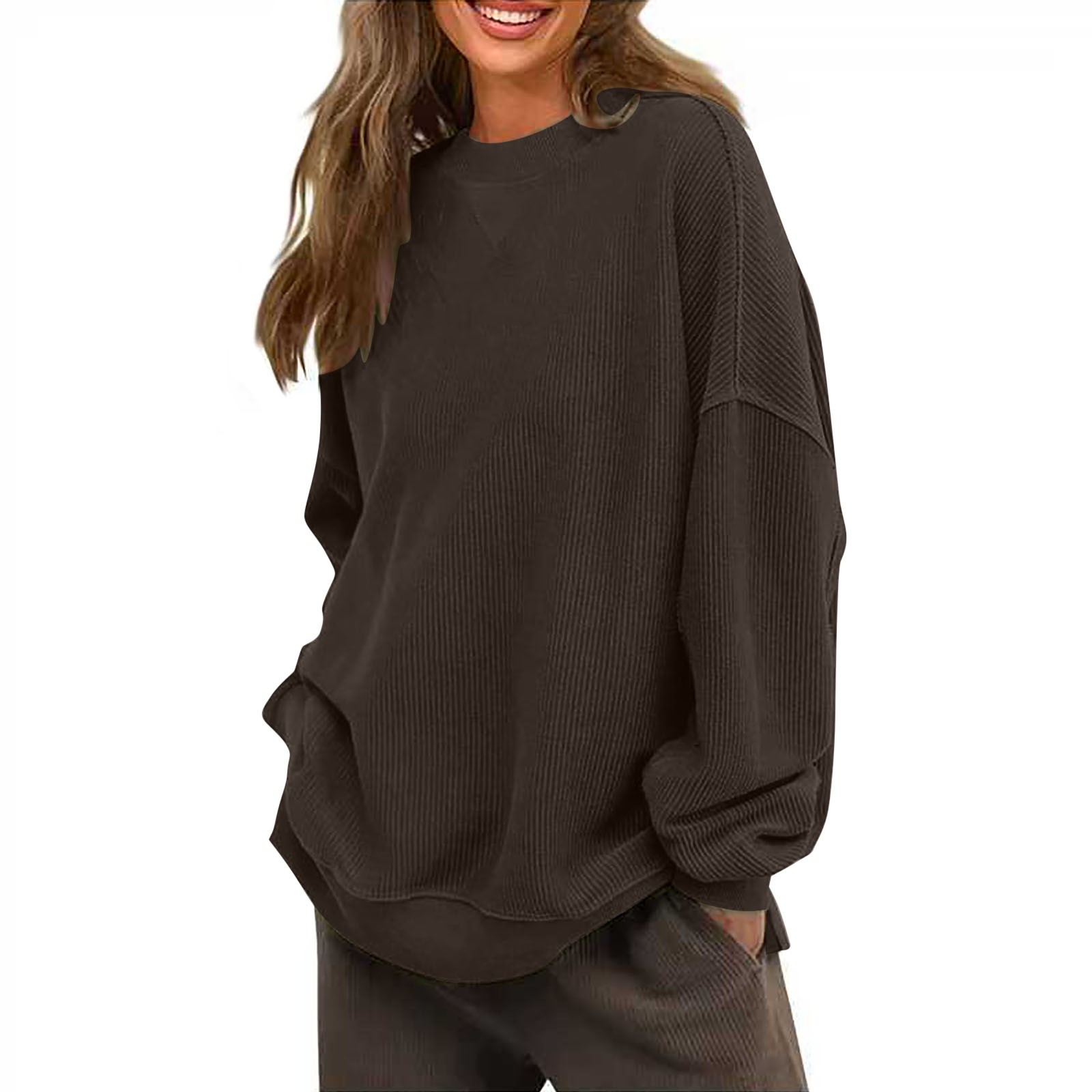 Ladies Lapel Long Sleeve Solid Color Pullover Sweater Casual Loose Top ...