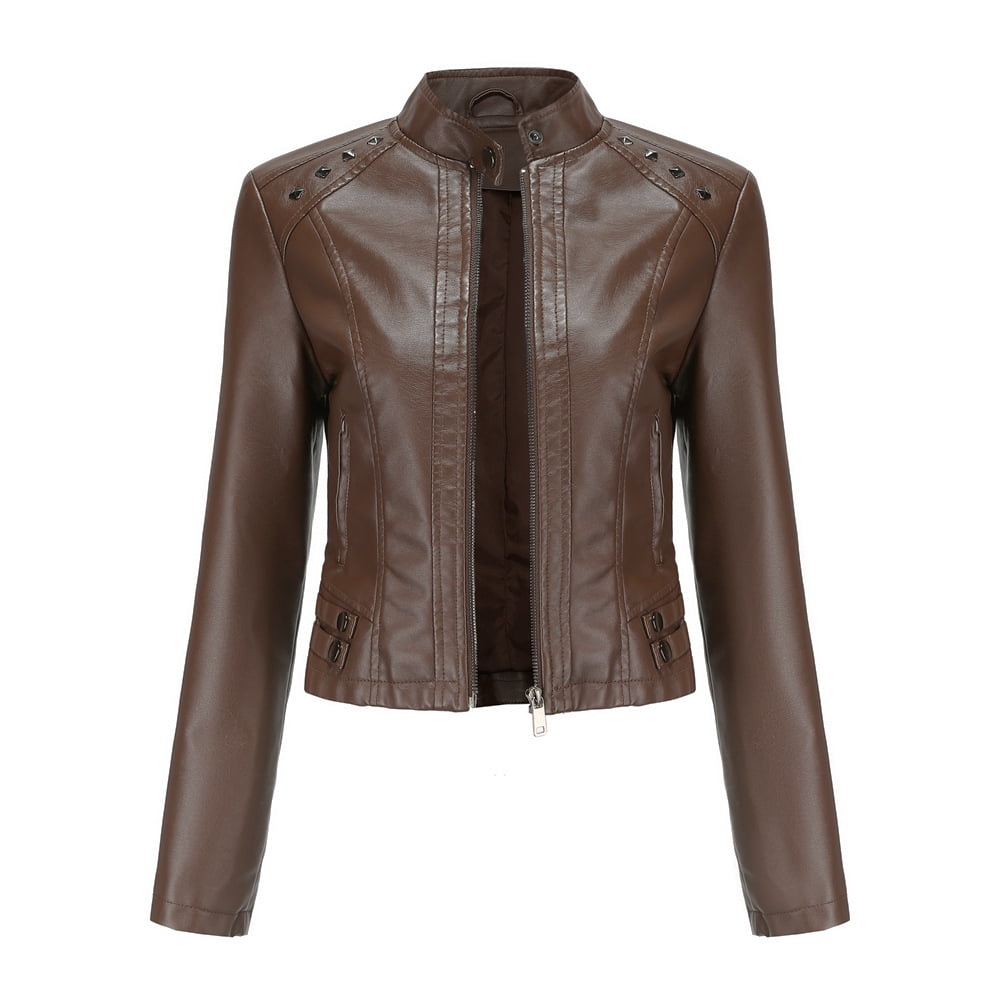 Ladies Leather Jacket Short Biker Jacket Stand-Up Collar Zip Leather ...