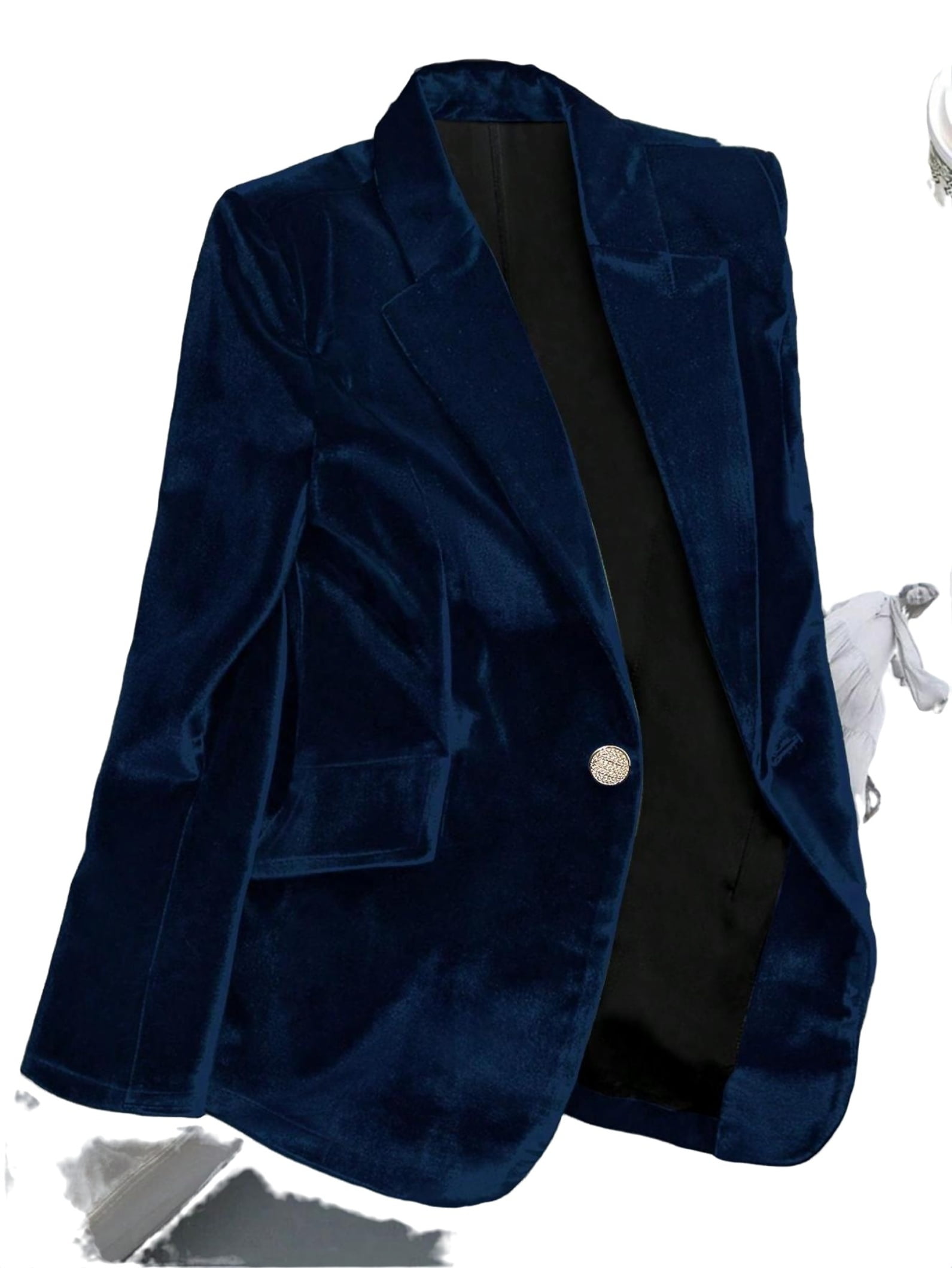 Ladies Long Sleeve Navy Blue Women's Blazer - Velvet Single-Button ...