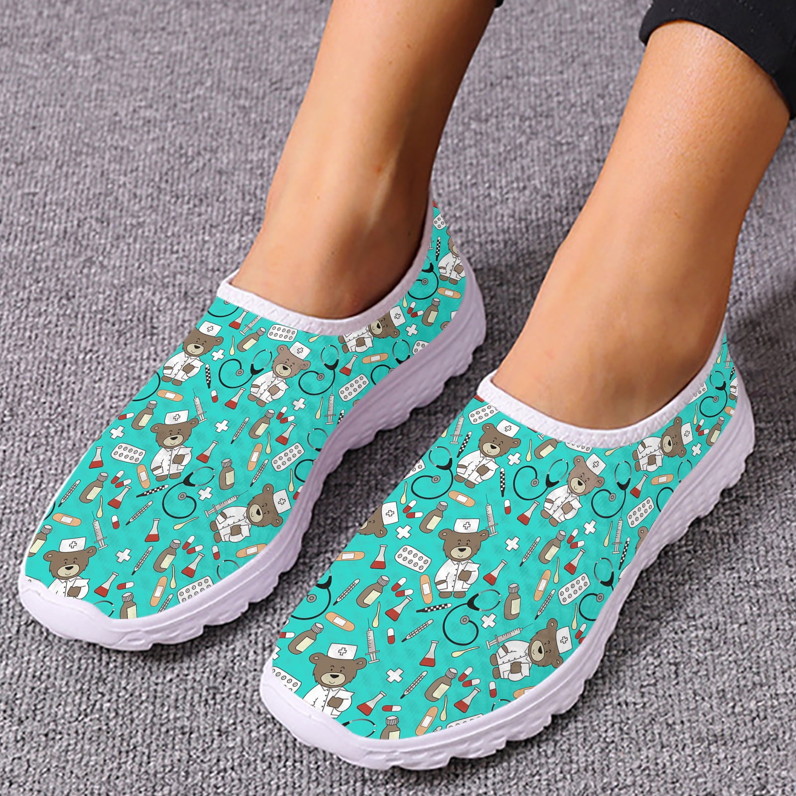 Ladies Medical Nurse Shoes Cute Cartoon Nurse Bear Print Slip On ...