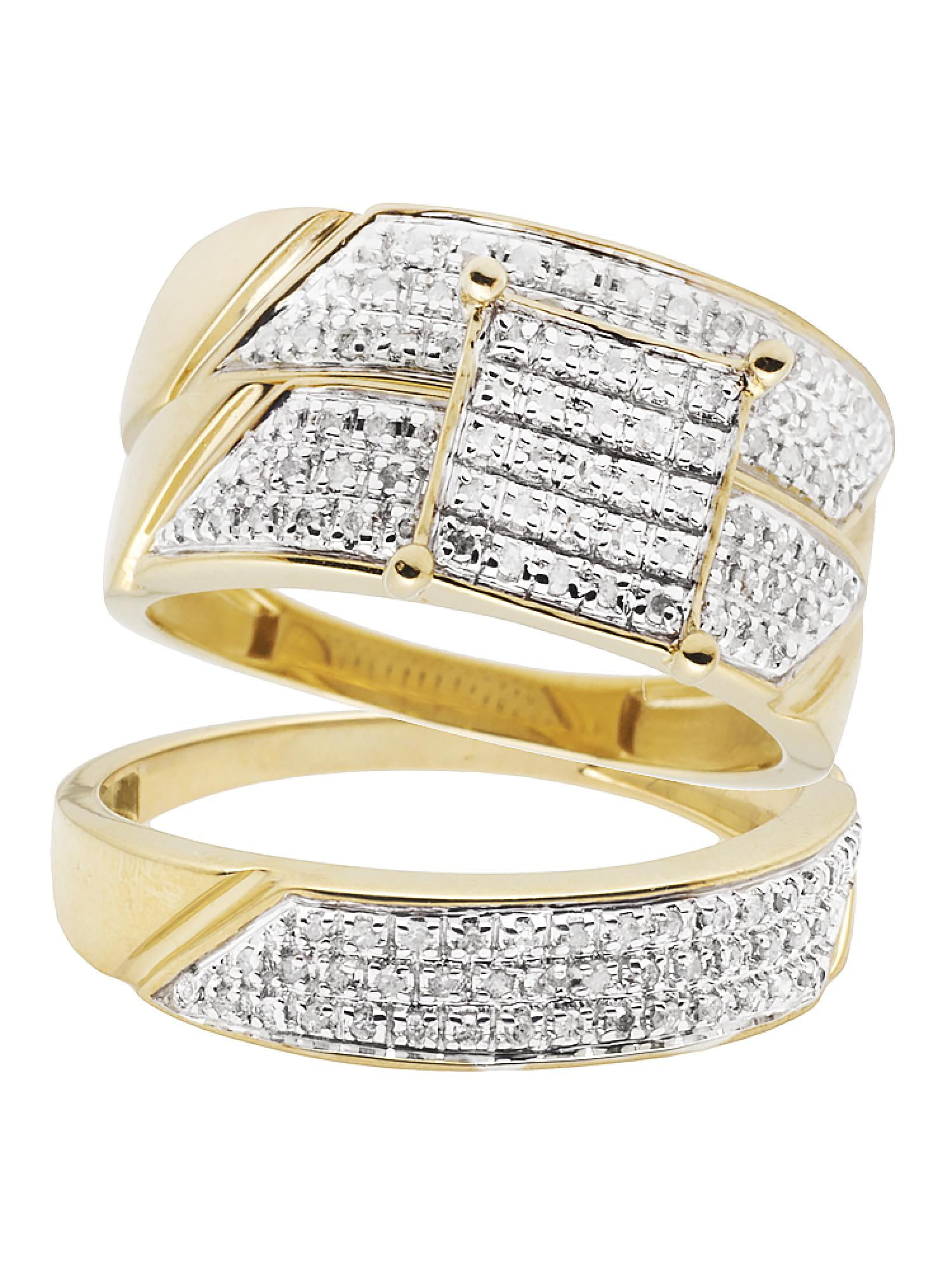 Ladies Mens 10K Yellow Gold Real Diamonds 3 piece Ring Set .49ct ...