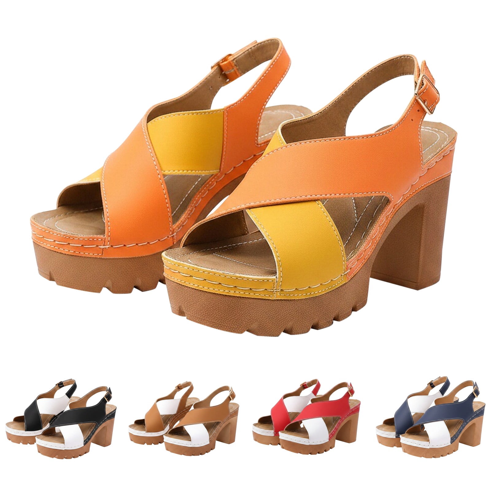 Ladies' Non‑slip Lug Sole Chunky Heel Sandals, Color Block Faux Leather ...