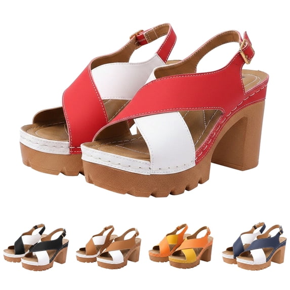 Ladies' Non‑slip Lug Sole Chunky Heel Sandals, Color Block Faux Leather ...