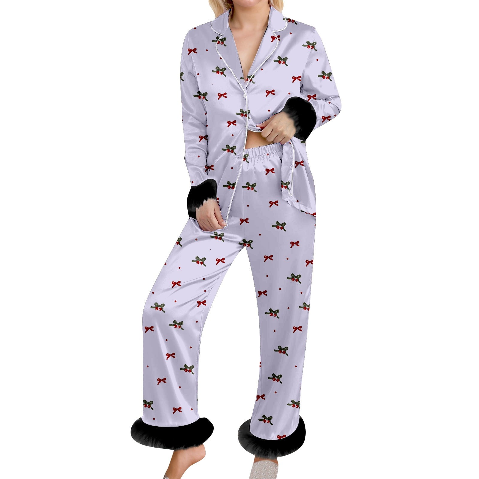 Ladies Pajamas Fashion Bowknot Heart Print Silk Pijamas Women Set Long ...