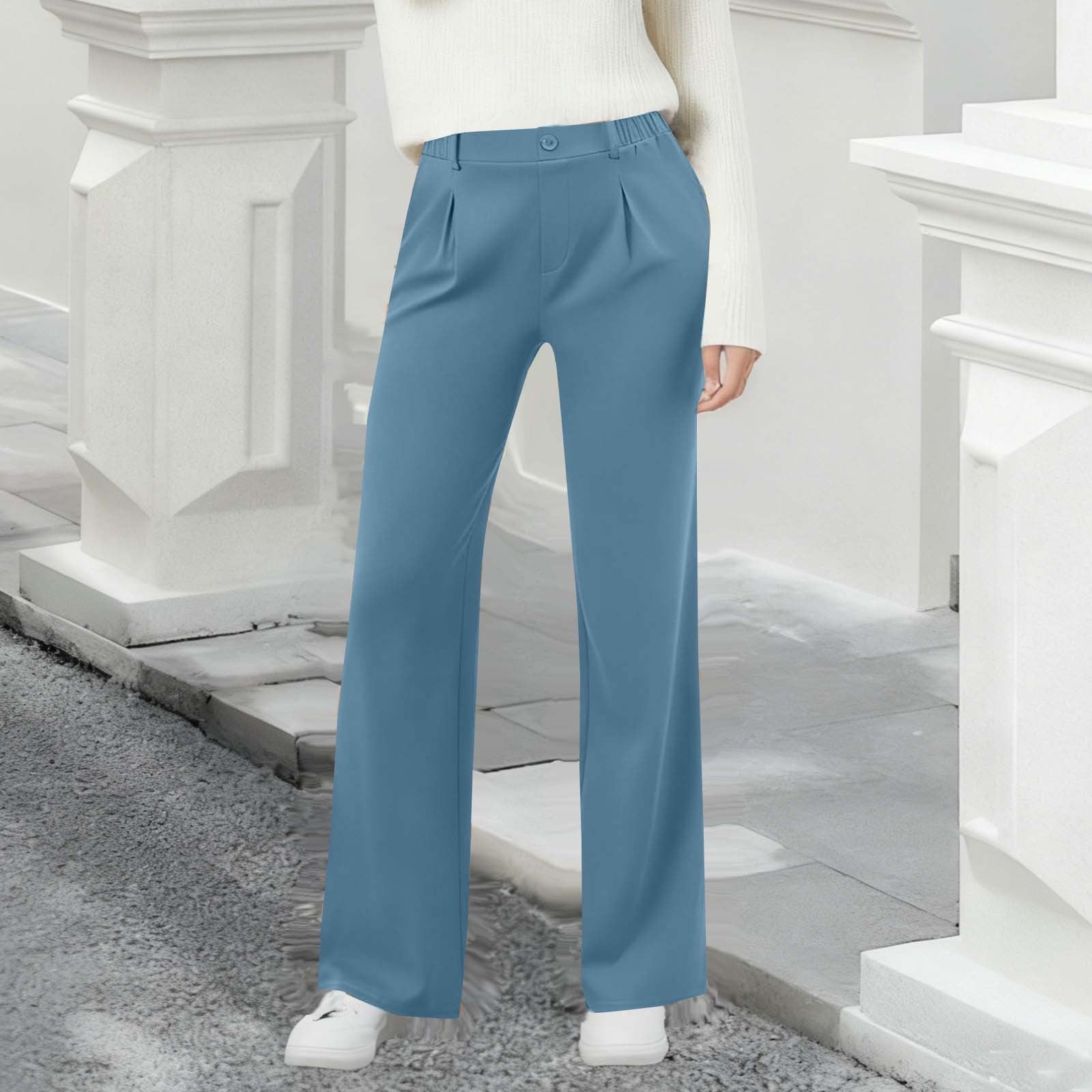 Ladies Pants Fashion Mid Waist Straight Leg Pleated Slacks Leisure ...