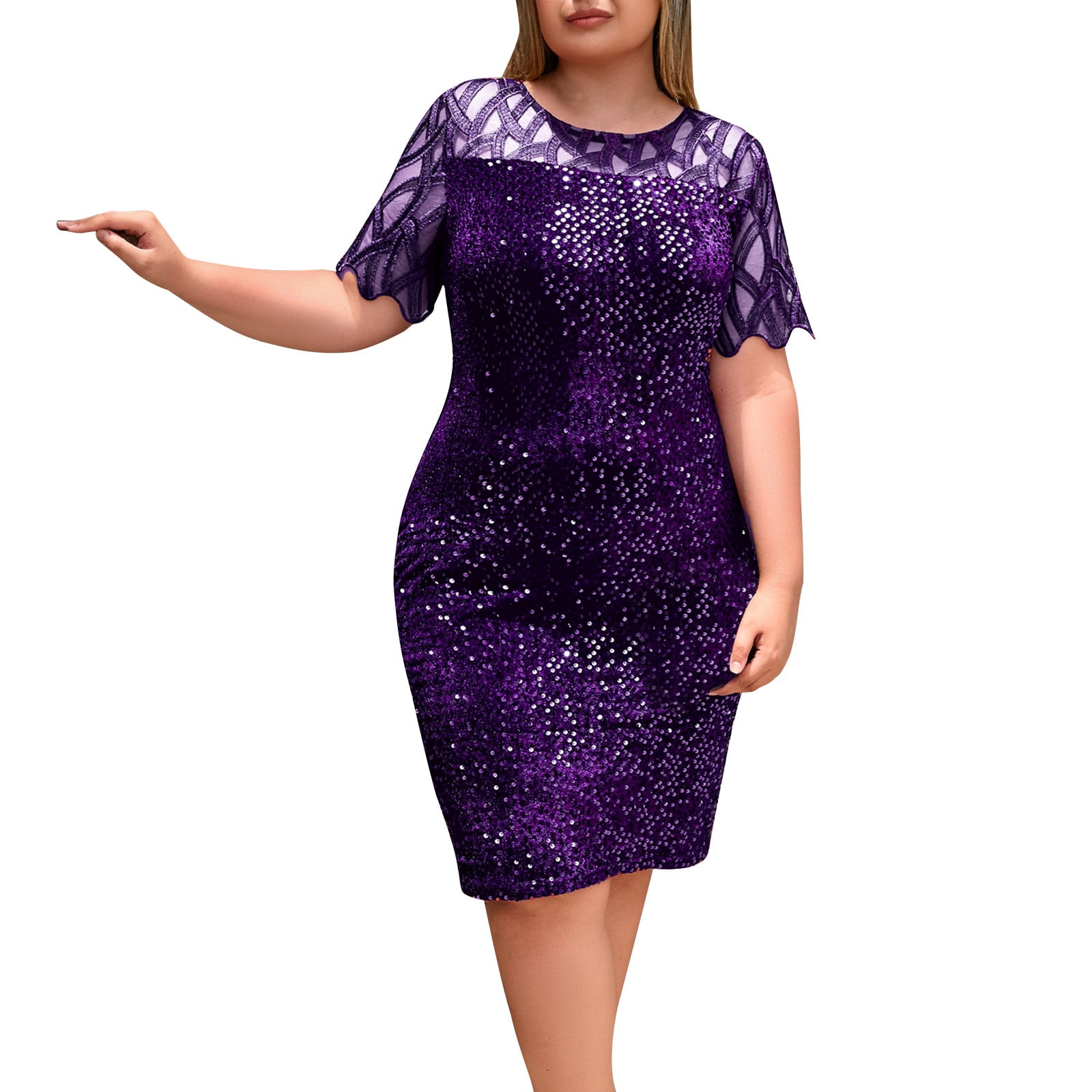 Ladies Plus Size Sequin Dress, Cocktail Midi Dresses, Short Sleeve Crew ...