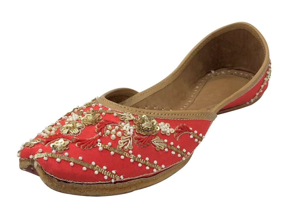 Ladies Red Designer Punjabi Jutti Ethnic Mojari Handmade Flat Sandals ...