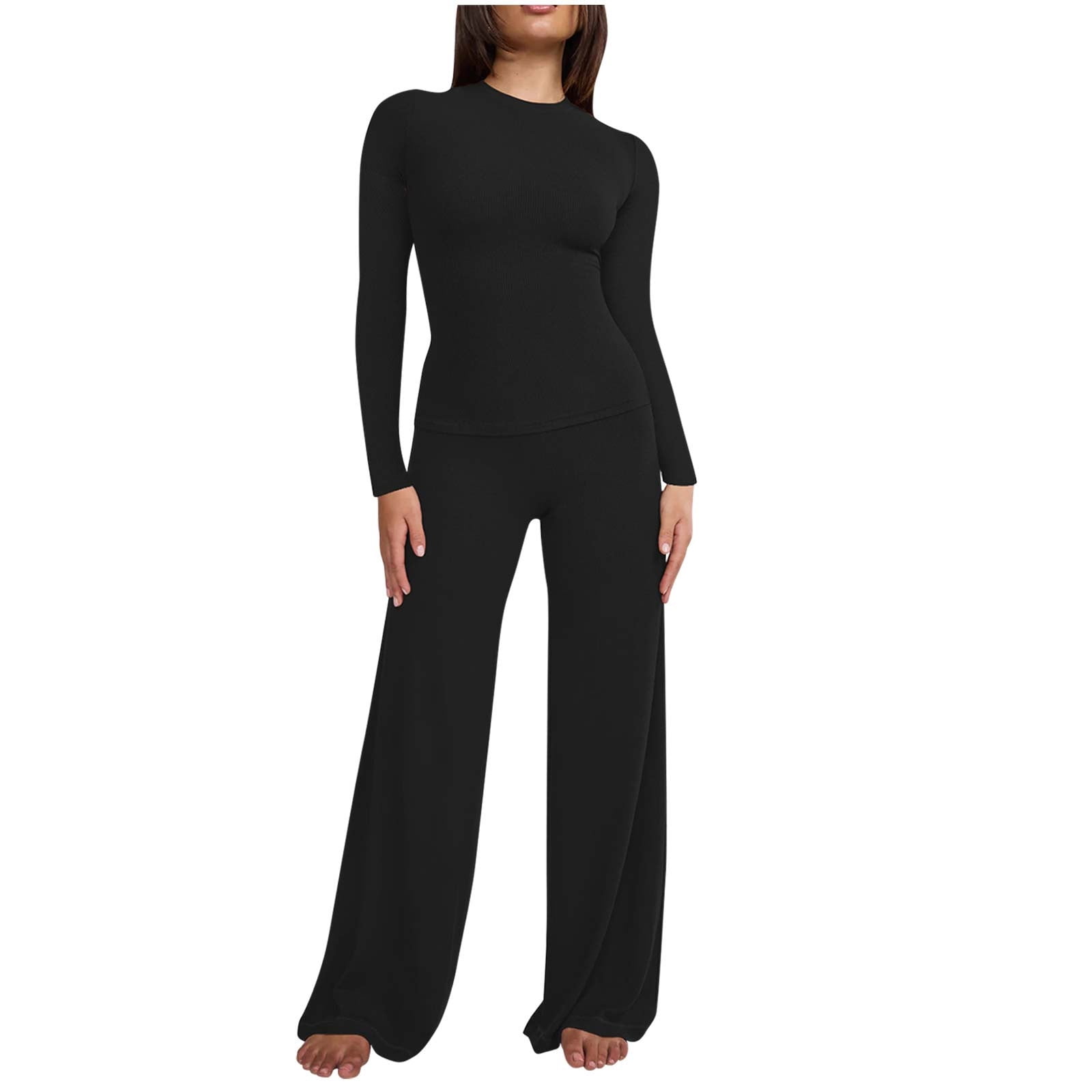 Ladies Ribbed Knit Two Piece Pants Sets Slim Fit Long Sleeve High Neck ...