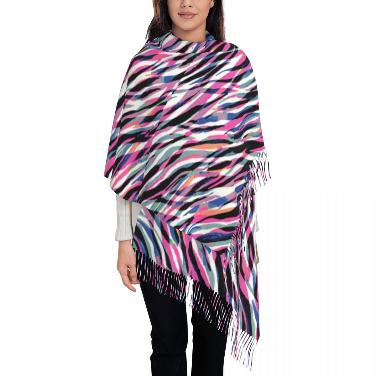 Ladies Scarf Warm Soft Lila Zebra Strip Large Scarves with Tassel ...
