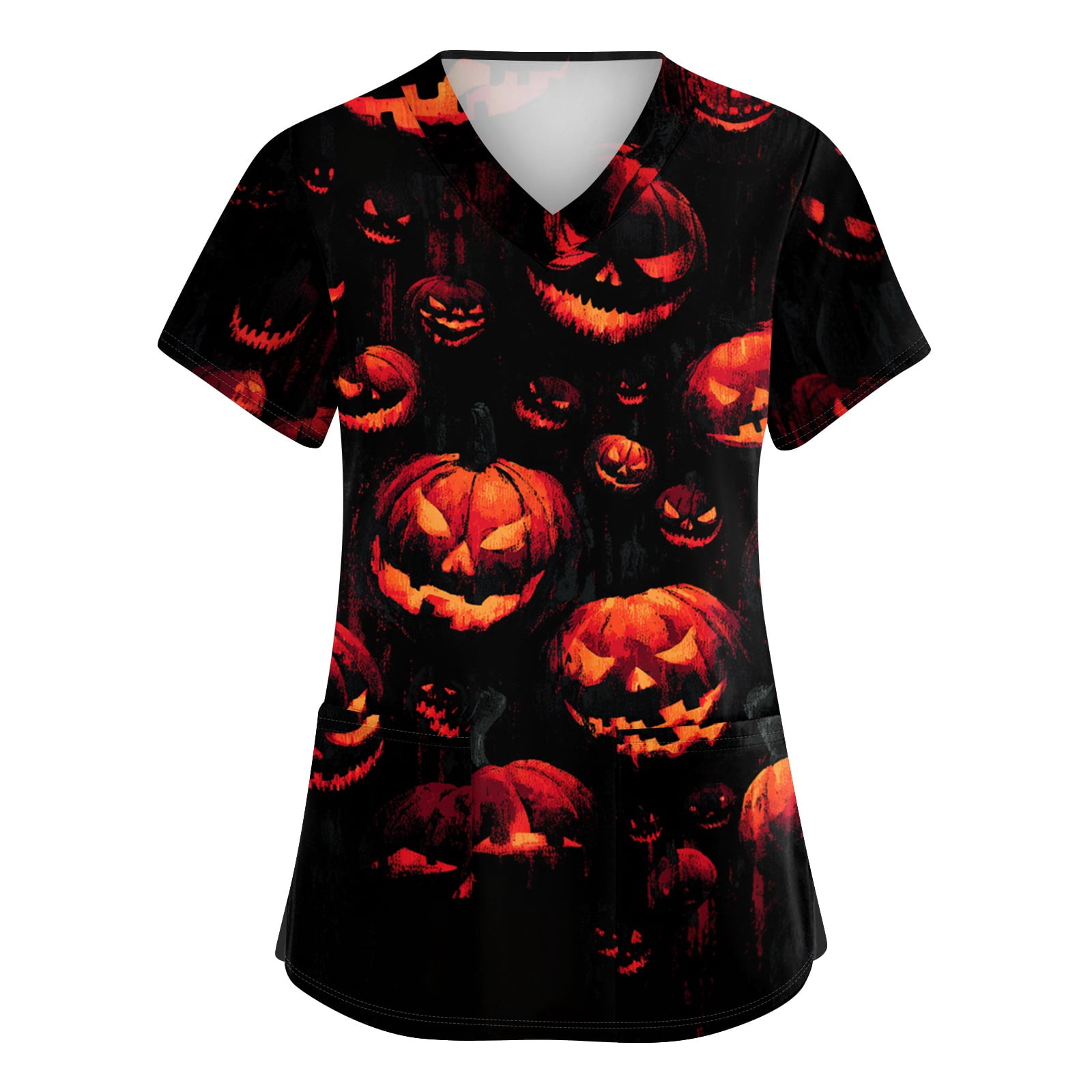 Ladies Scrub Halloween Costumes, Skeleton Pumpkin Print V Neck Short ...
