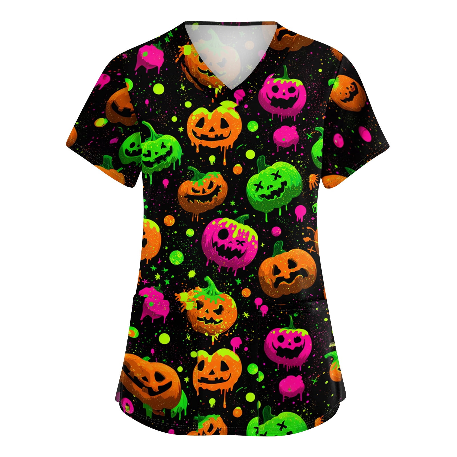 Ladies Scrub Halloween Costumes, Skeleton Pumpkin Print V Neck Short ...