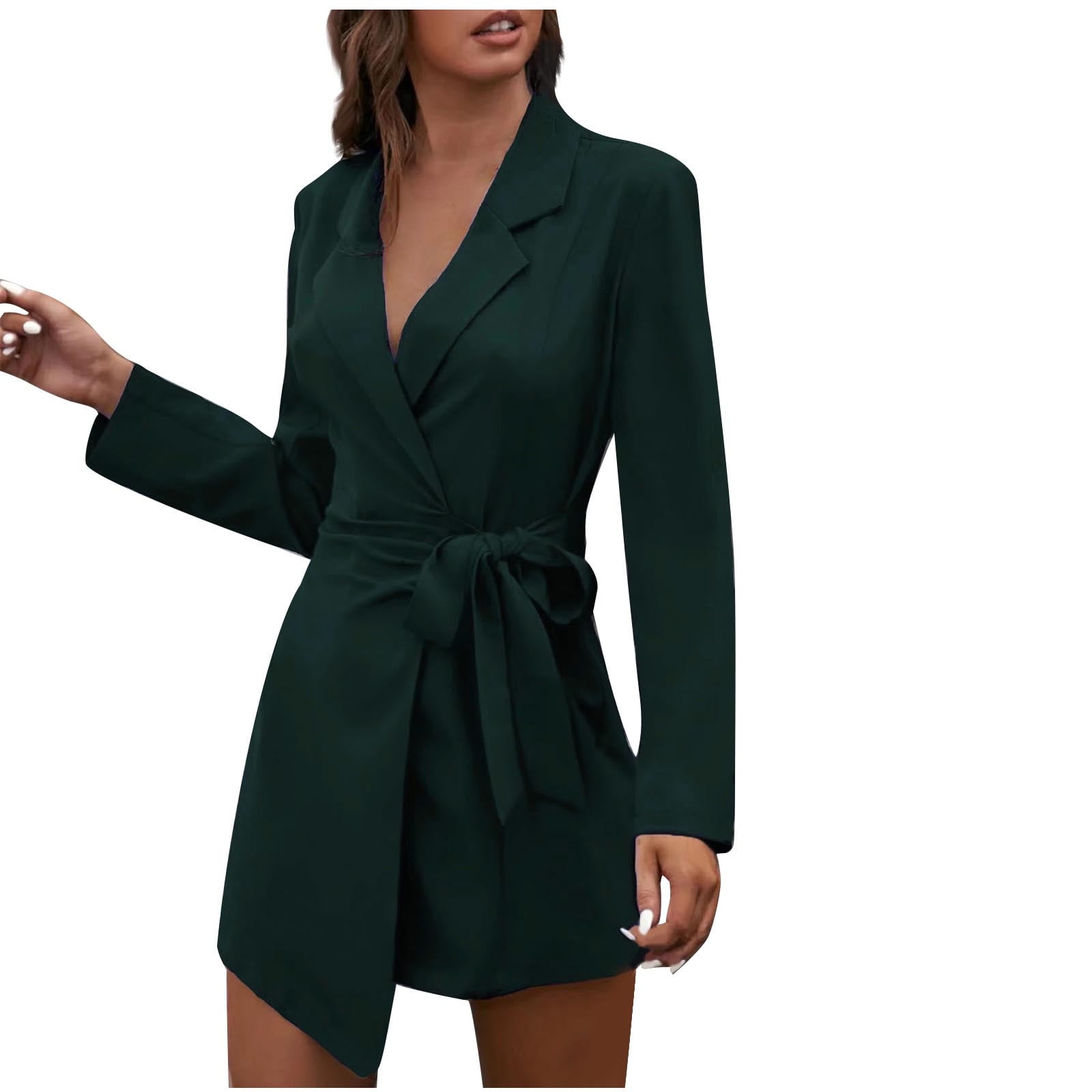 Ladies Sexy Collared Blazer Dress for Women Casual Tie Waist Bodycon ...
