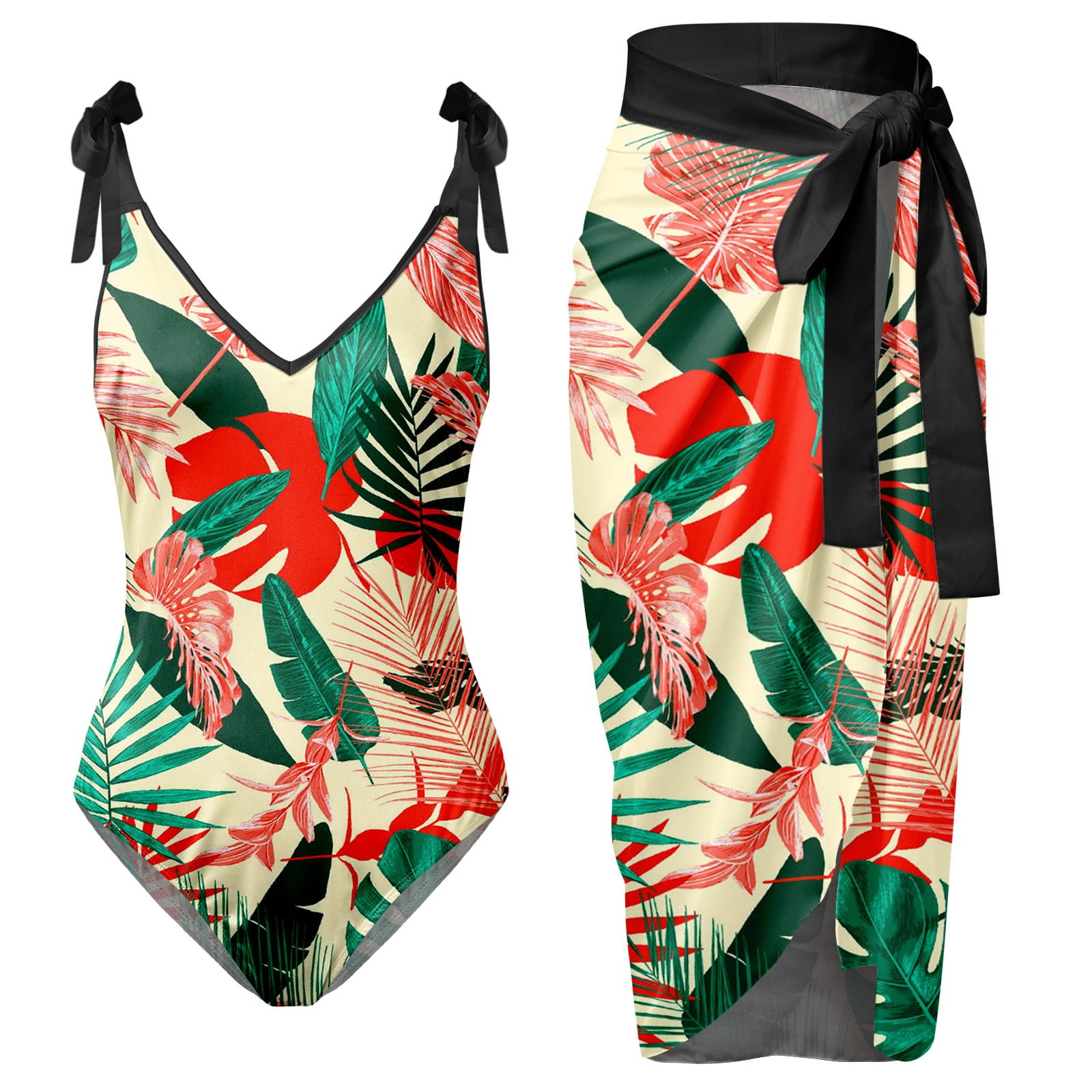 Ladies Sexy Monokini Stylish V Neck Flower Printed Skirt Sets Slim