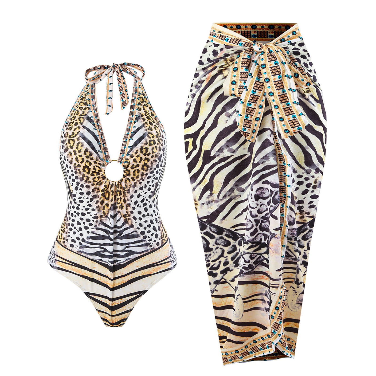 Ladies Sexy Swimsuit New Leopard Print Lace Neck Covering Belly Open Back Skirt Sunscreen