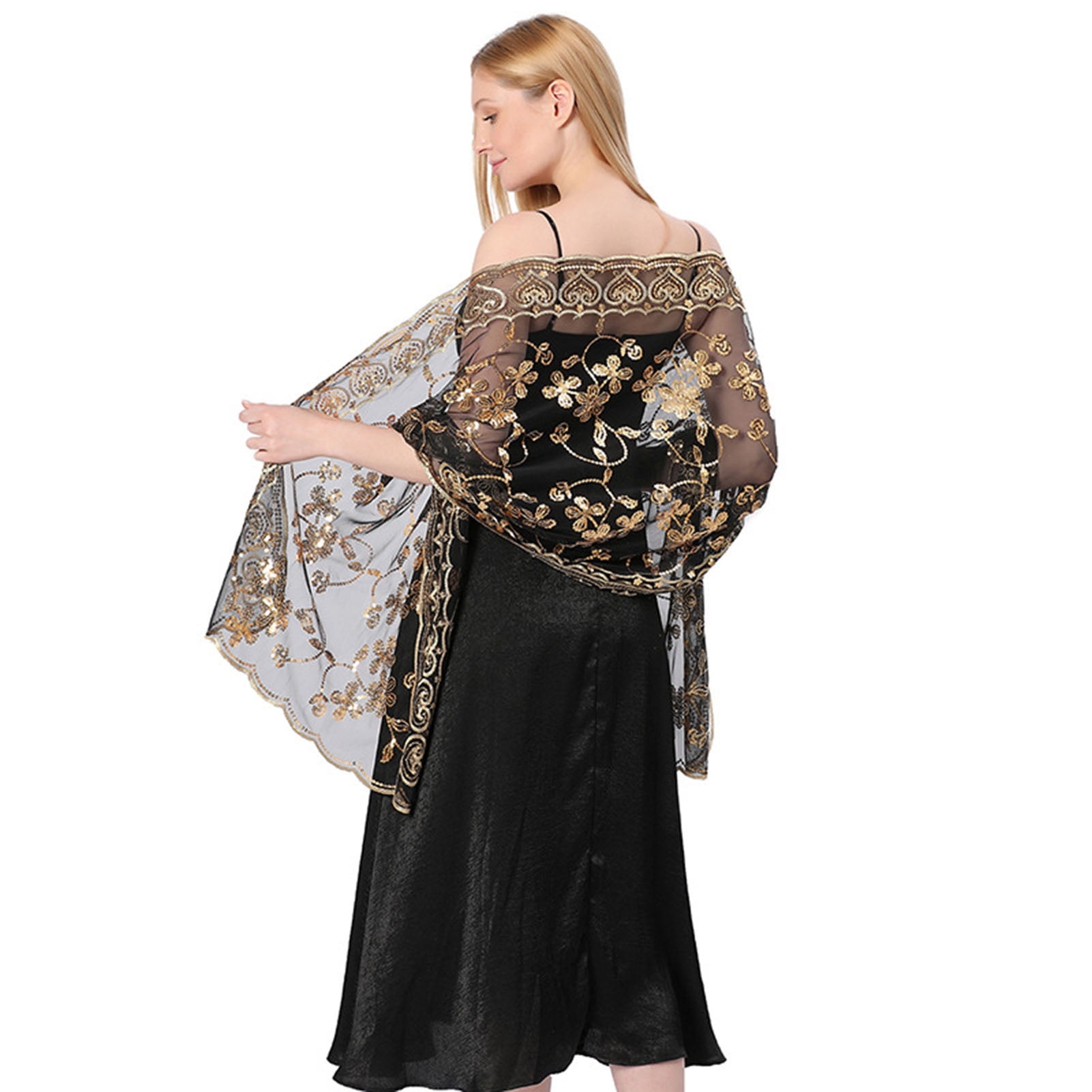 Ladies Shawl Sequins Flower Decor Thin Lightweight Versatile Wrap Curvy ...