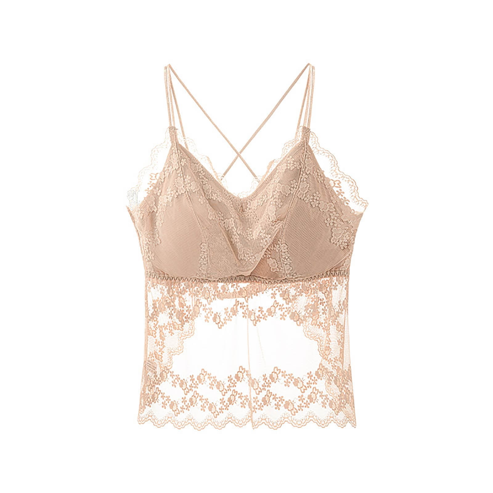 Ladies Sheer Lace Floral Bralette Wireless Padded Tank Top Deep V ...